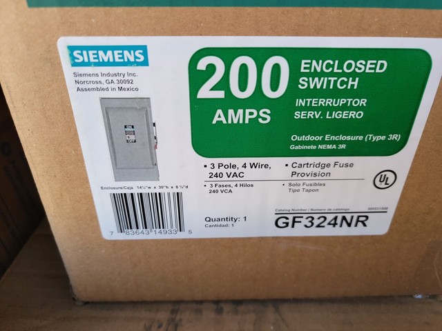 Siemens GF324NR 3-Pole Outdoor Fusible Safety Switch 240V/200A for sale ...