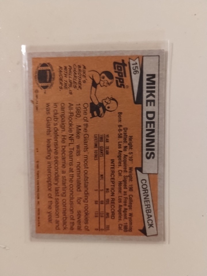 1981 Mike Dennis Giants Topps Card 156 Free Shipping | eBay