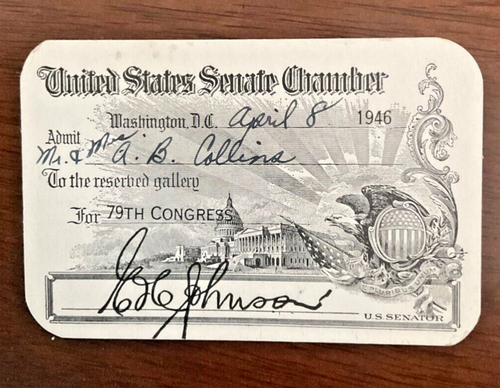 *1946* SENATE CHAMBER PASS signed COLO SENATOR EDWIN JOHNSON ** INGRID ...