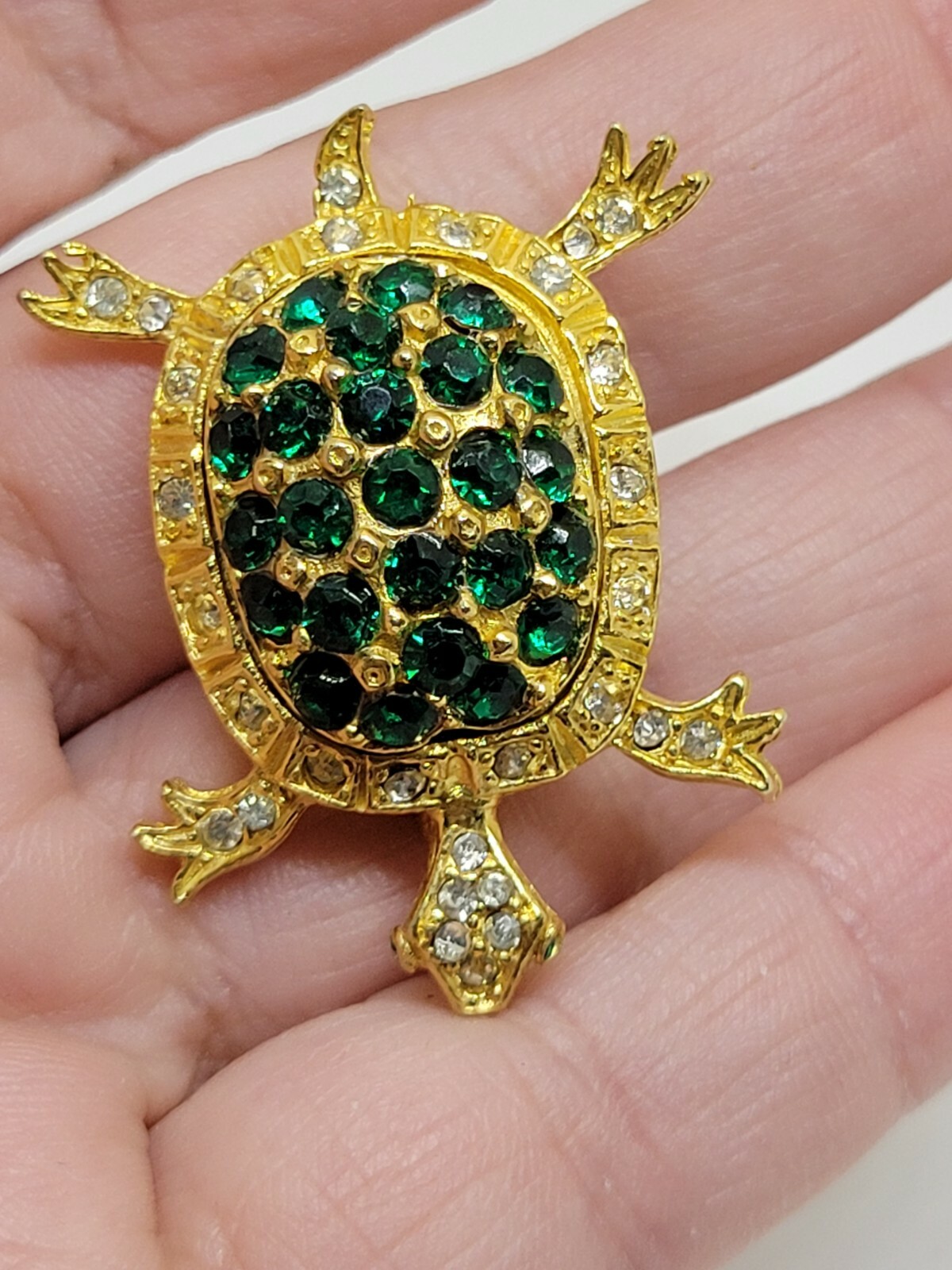 Vintage DeNICOLA Turtle Gold Tone Green Rhinestone Br… - Gem