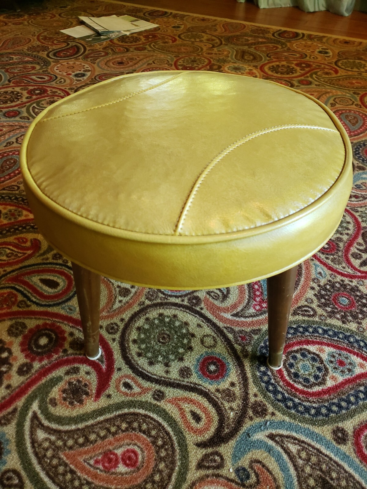 Vintage Round Harvest Gold Naugahyde Footstool w/ Wooden Screw Legs | eBay