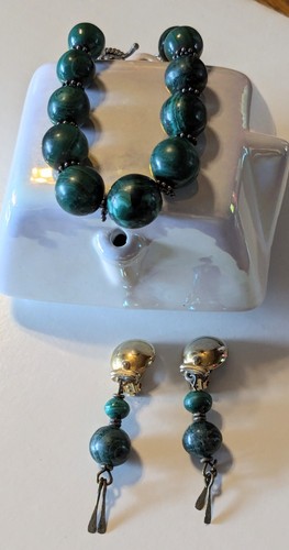 Vintage Signed Dauplaise Earrings + Malachite Stone Bead Bracelet Mix ...