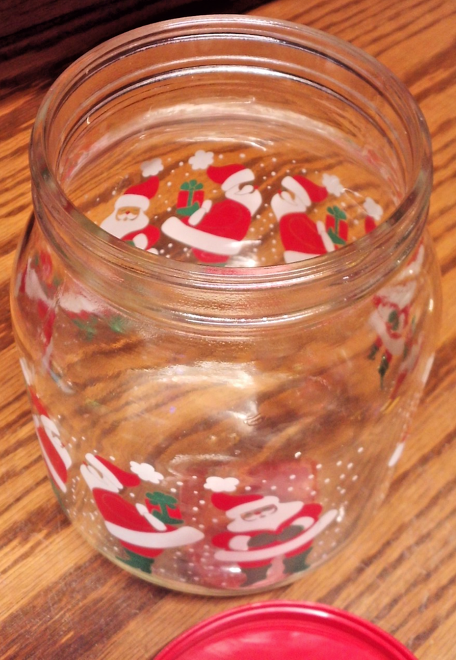 Anchor Hocking Canister Vintage Glass Jar CHRISTMAS Dancing Santa Claus ...