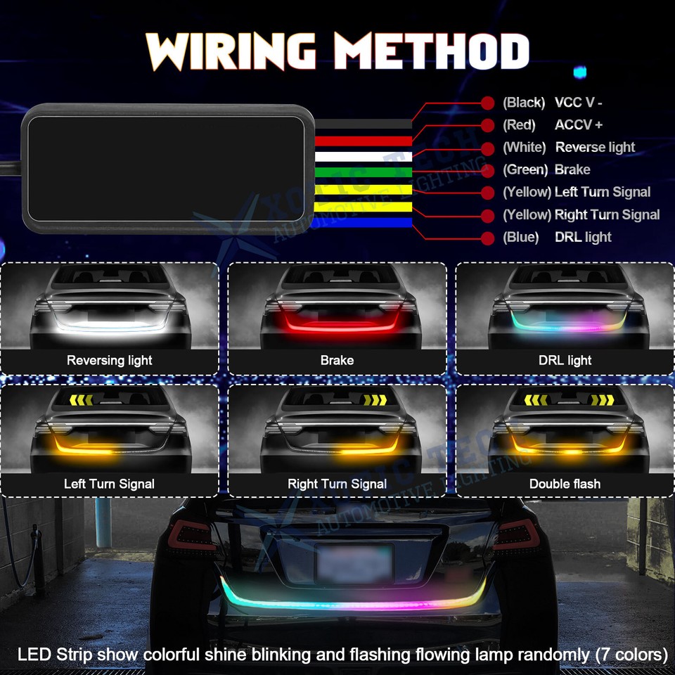 RGB Flowing 47" LED Strip Trunk Area Illumination Brake Backup Turn ...