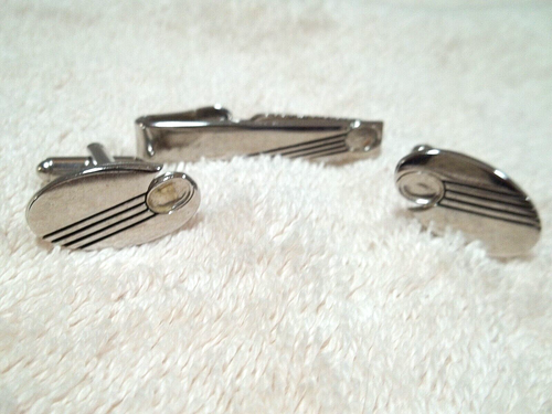 Vintage Cuff Links & Tie Clasp Set, Silver Tone Metal, Nicely Detailed ...
