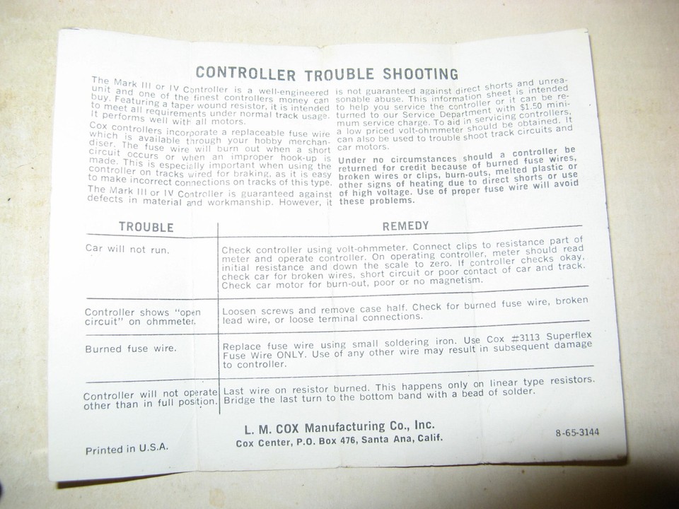 Cox Vintage 1960s? 1/24 Mark 3 or 4 Slot Car Controller & Instructions ...