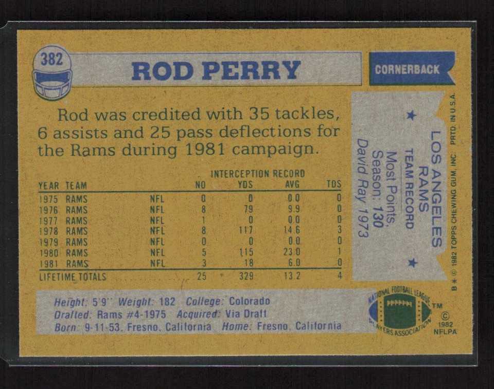 1982 Topps #382 Rod Perry Los Angeles Rams Near Mint or Better | eBay