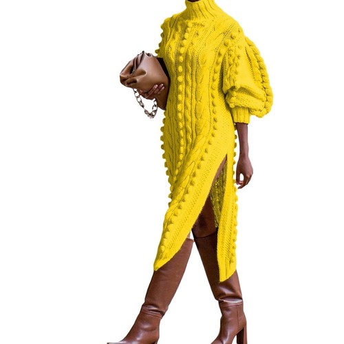 "LORAGAL" Knit Turtleneck Sweater Mustard Sz S Side Slits Bell Sleeve ...