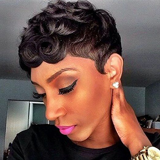 Human Hair Short Pixie Wigs Pixie Cut Brazilian Hair Black Layered Wave ...