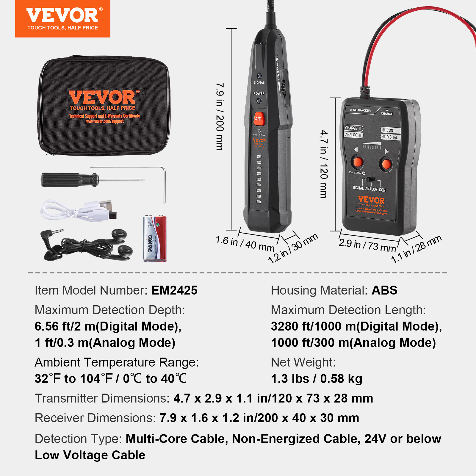 VEVOR Underground Cable Locator 6.5 FT Max. Detection Depth Wire Break ...