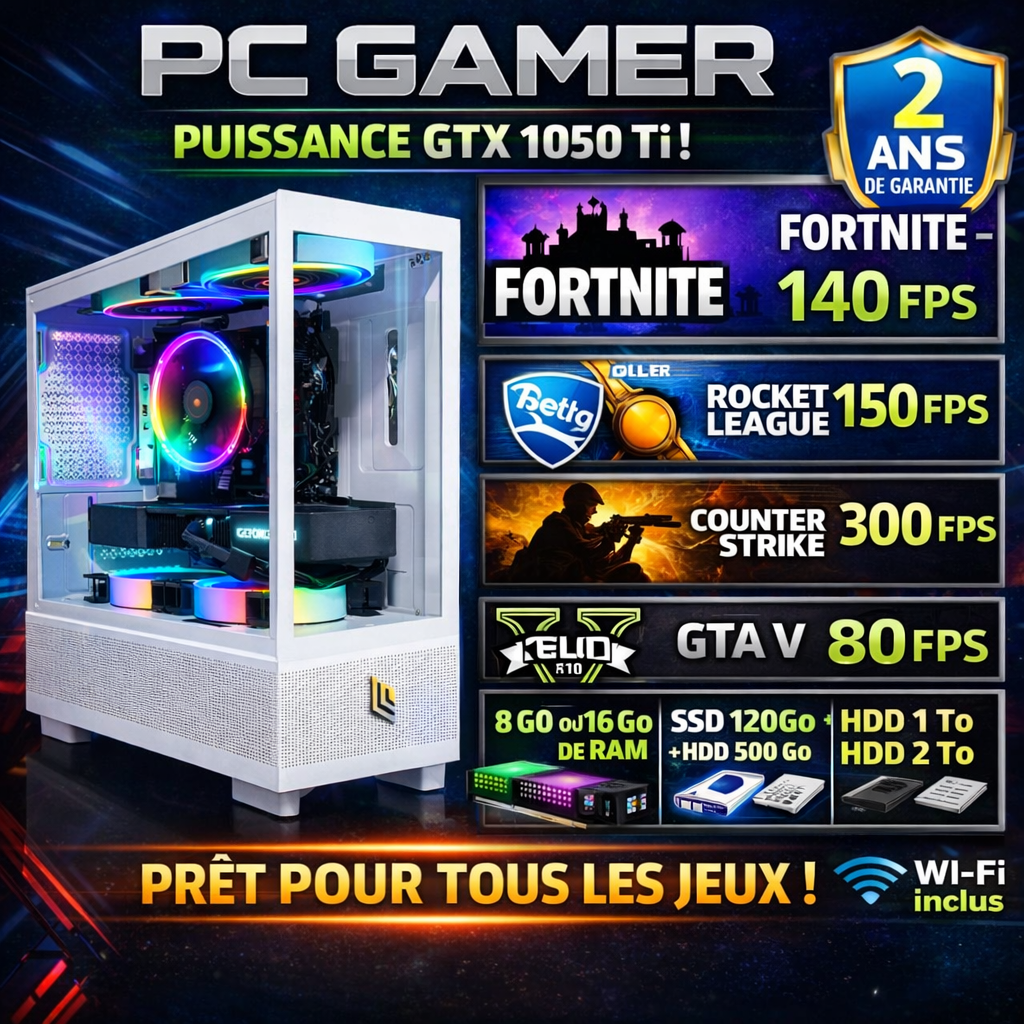 PC Gamer GTX 1050 Ti | 16 Go RAM | SSD 120 Go + HDD 2 To | Wi-Fi ...