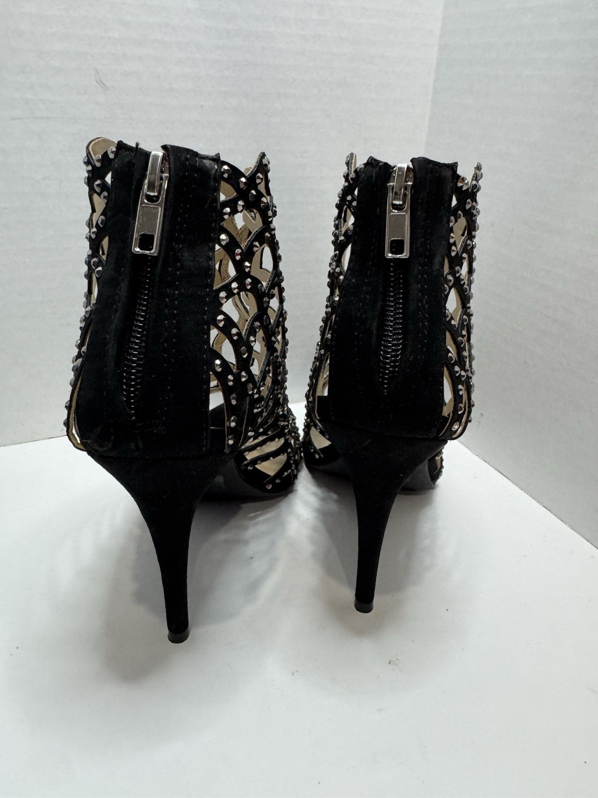 Zigi Soho Womens Suede Rhinestone Cutout Caged Peep Toe Heels Black ...