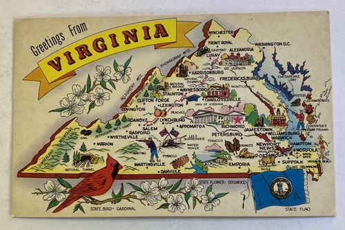 Vintage Postcard ~ Illustrated Landmark & Industries Map of Virginia ...