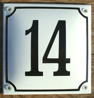 HOUSE NUMBER 14 CLASSIC ENAMEL SIGN. BLACK No.14 ON A WHITE BACKGROUND ...