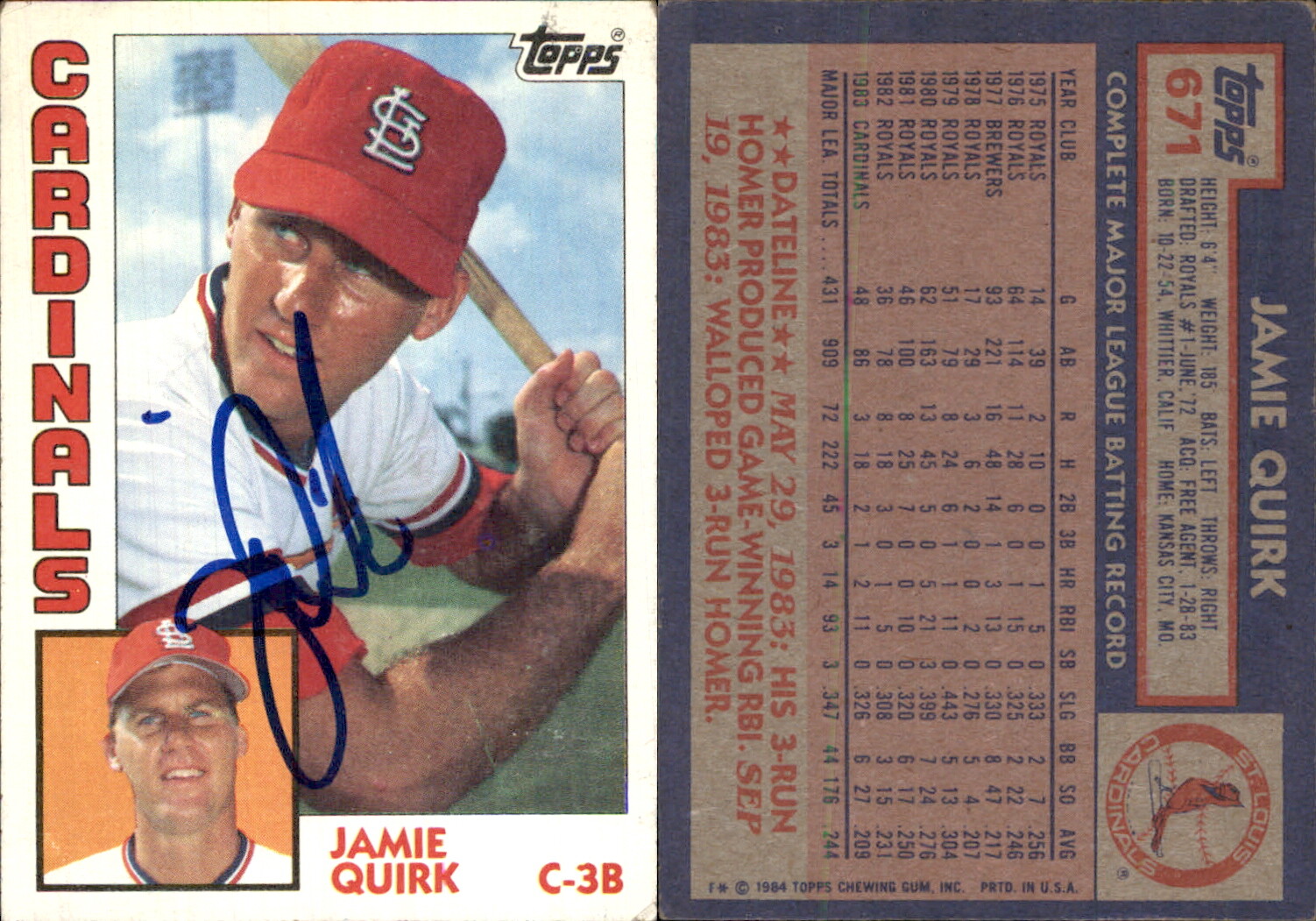 Jamie Quirk Signed 1984 Topps #671 Card St. Louis Cardinals *Autograph ...