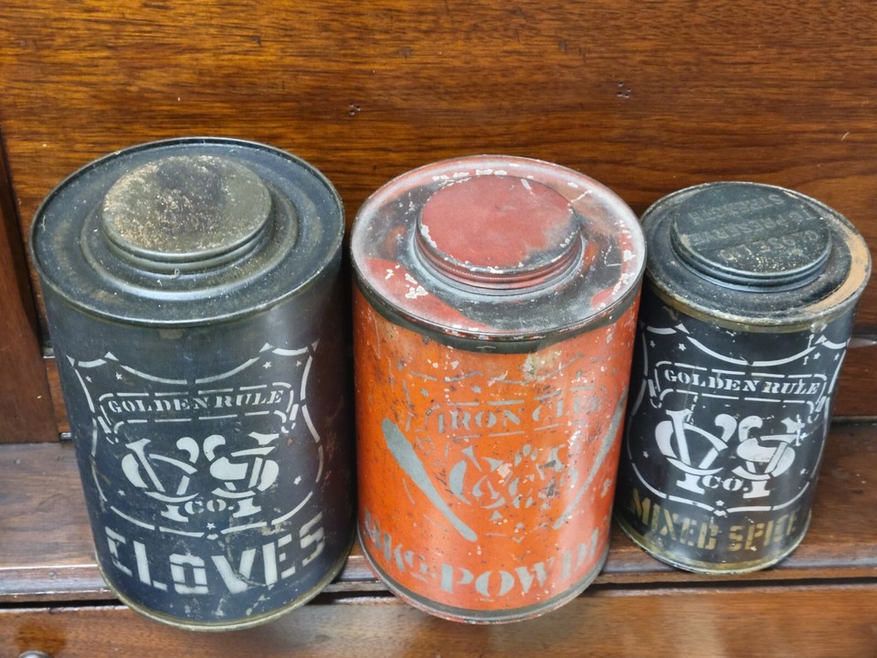 3 Lot Golden Rule Antique c1900 Spice Tin Baking Powder Toleware Style ...