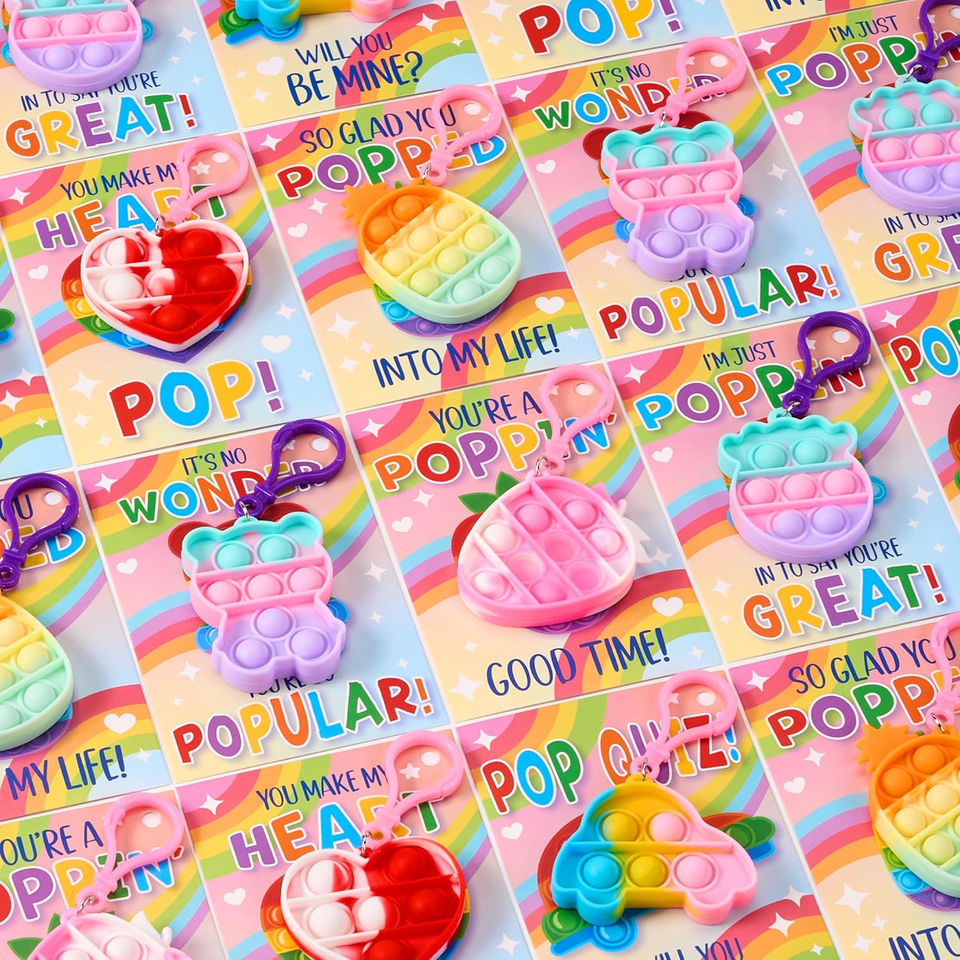 30 Pack Pop Bubble Keychains & Valentine Cards Kids Classroom Party ...