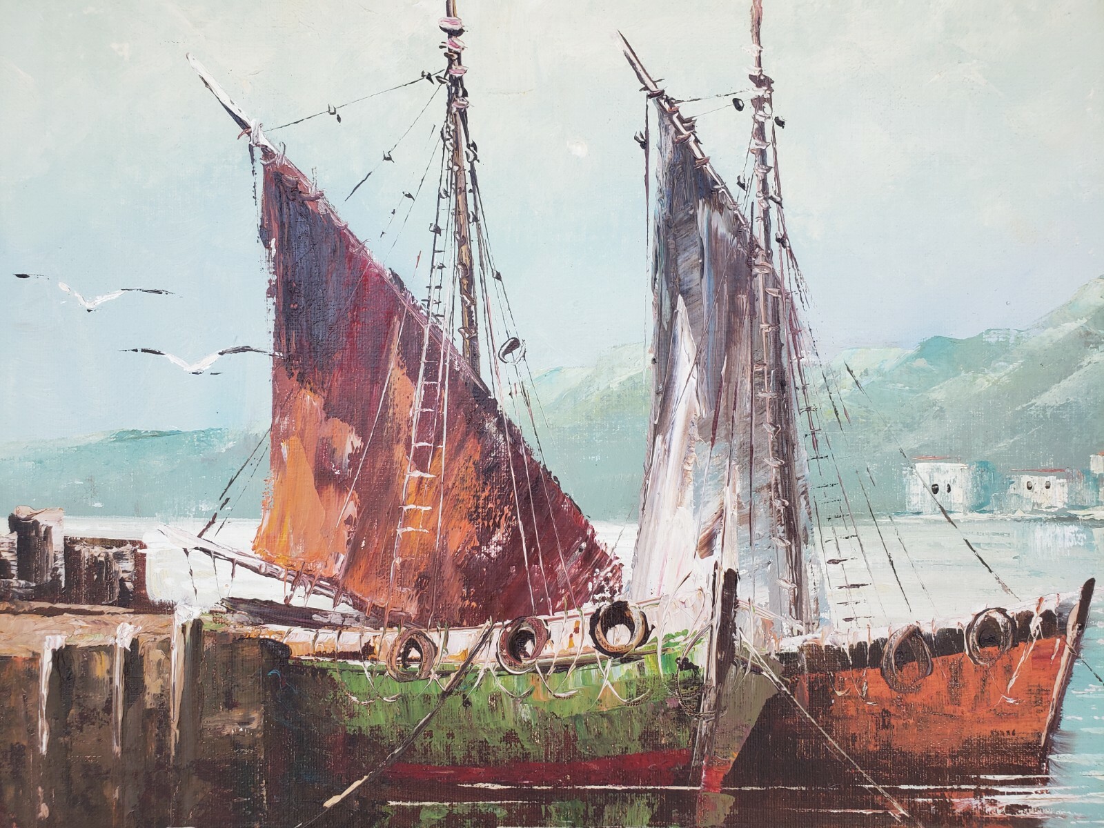 Vintage P Stirrat 36x24" Oil Painting of Fishing Boats Dock Harbor ...