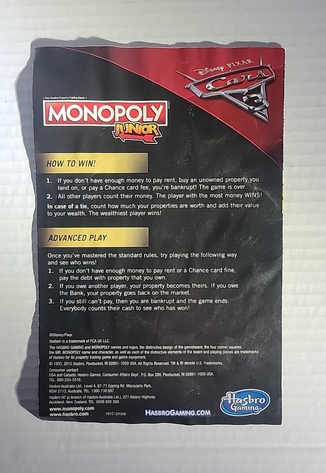 2015 MONOPOLY Junior DISNEY Cars PIXAR Guide Rules Booklet Manual ...