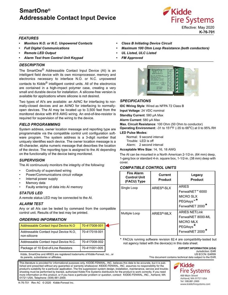 Kidde Fenwal 70-417008-001 Addressable Input Device N.O. | eBay