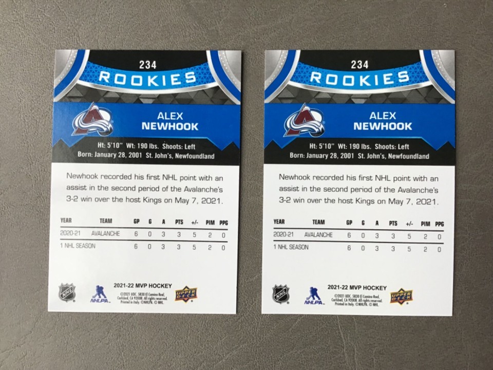 2 ALEX NEWHOOK 2021/22 UPPER DECK MVP ROOKIE HOCKEY CARDS NUMBER 234 | eBay