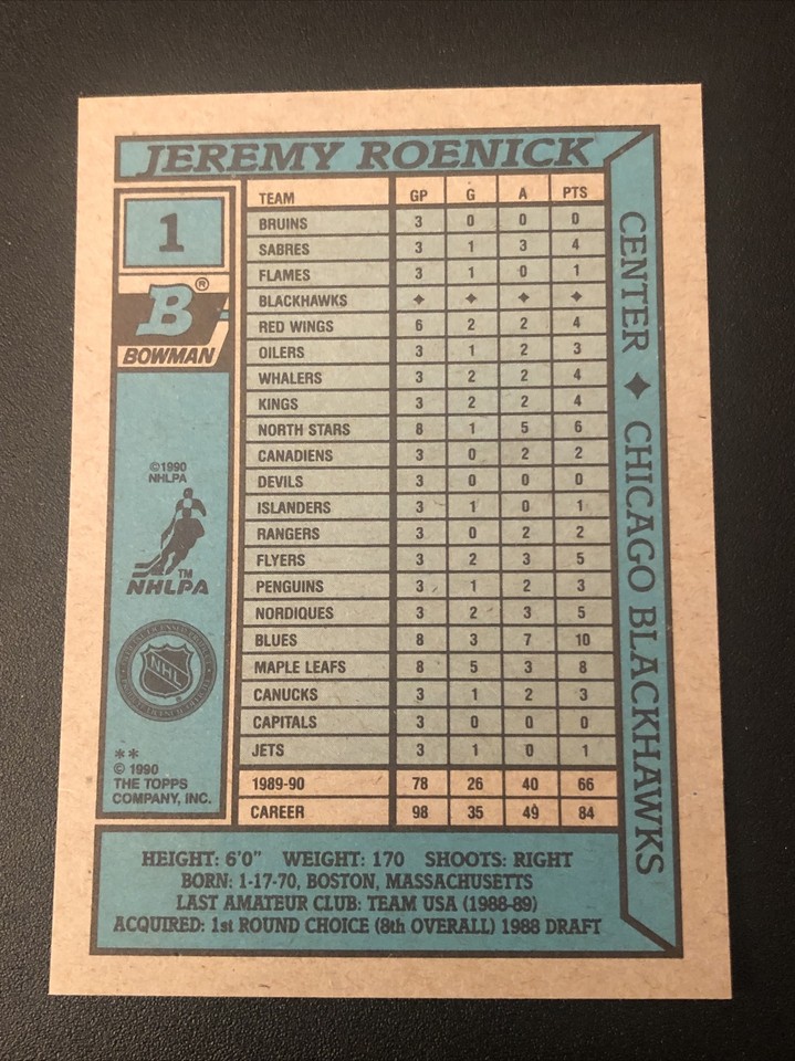1990-91 Bowman Jeremy Roenick Rookie #1 | eBay