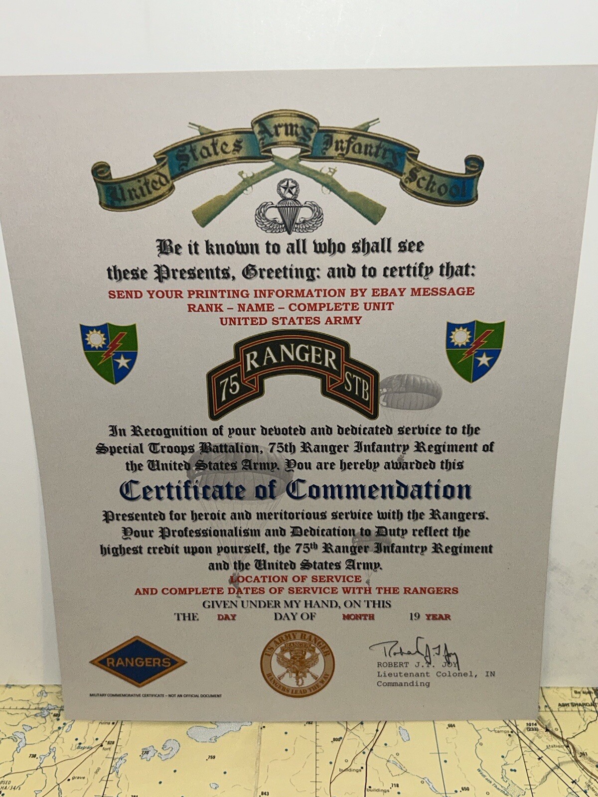 U.S. ARMY RANGER - 75TH REGIMENT - STB / CERTIFICATE OF COMMENDATION | eBay