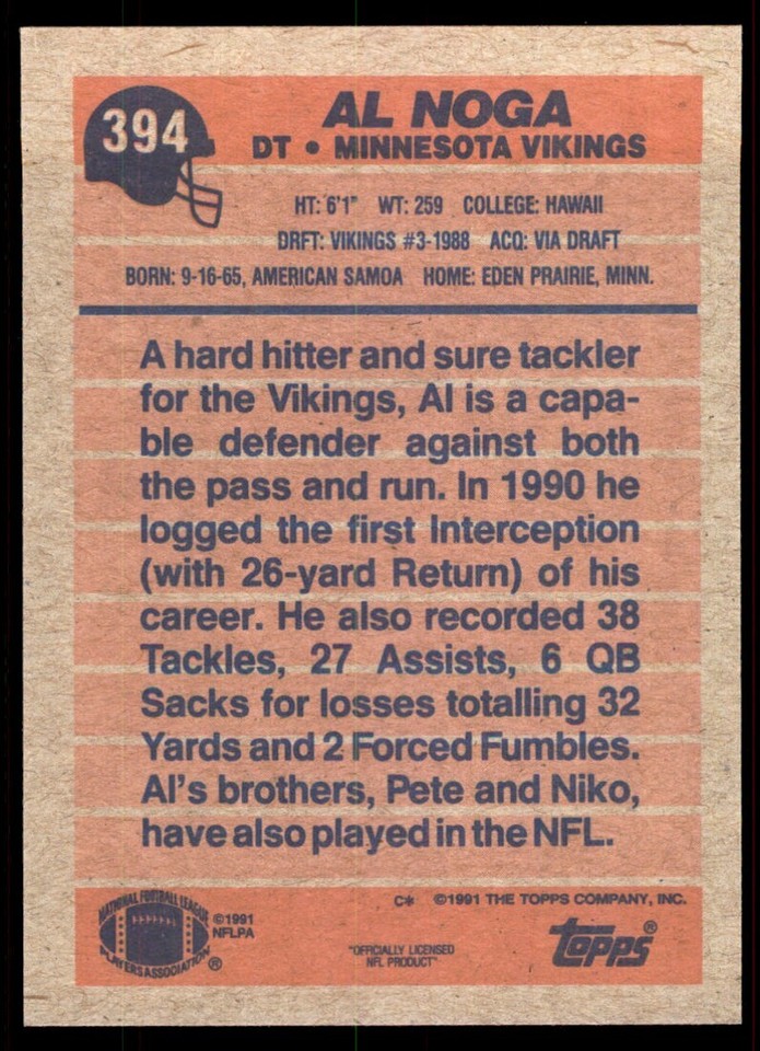 1991 Topps Al Noga Minnesota Vikings #394 | eBay