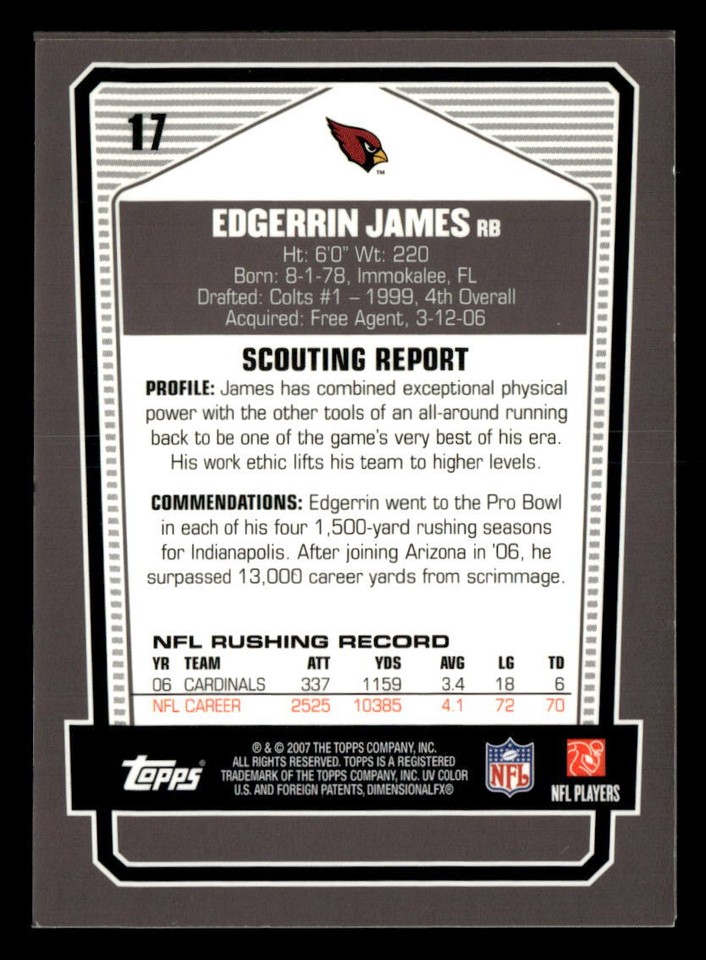 Edgerrin James 2007 Topps Draft Picks & Prospects Card #17 Arizona ...