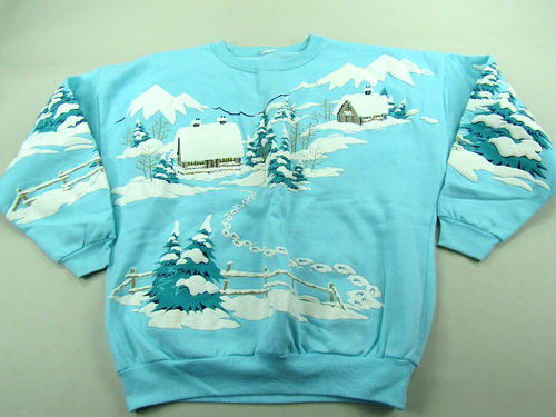 VTG Winter Scene Sweatshirt Womens One Size Puffy Wrap Around All Over ...