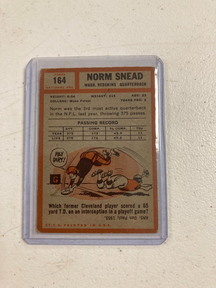 1962 topps football #164 norm snead washington redskins | eBay