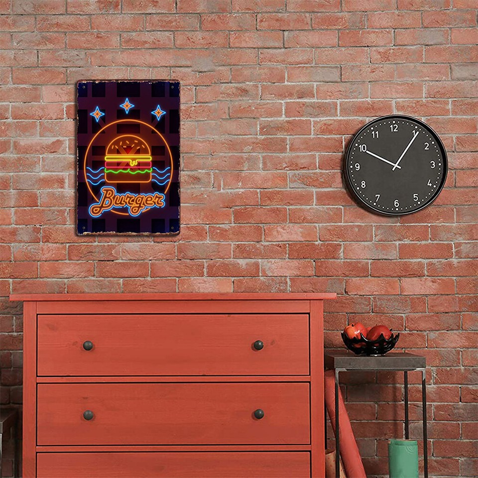 Vintage Neon Burger Retro Metal Plate Tin Sign Plaque Poster Wall Art ...