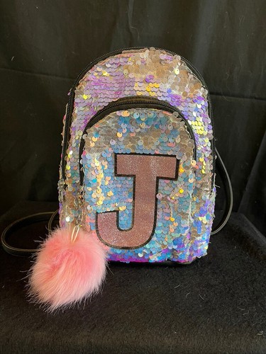 Justice Girls Mini Backpack Flip Sequin with Initial J, Pink Pom Pom | eBay