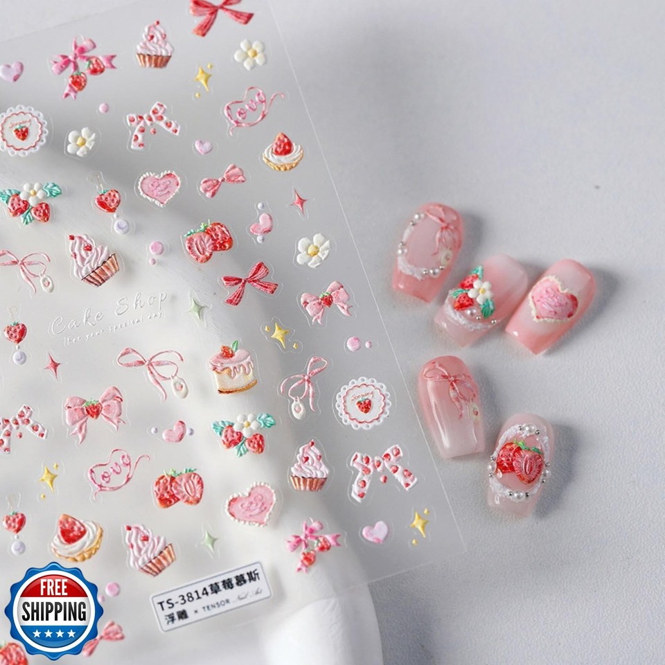 5D Embossed Pink Nail Stickers for Nail Art Cake Strawberry Bow N | eBay