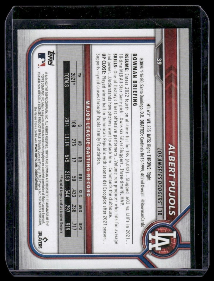 2022 Bowman Albert Pujols #39 Green Paper #'d 239/399 | eBay