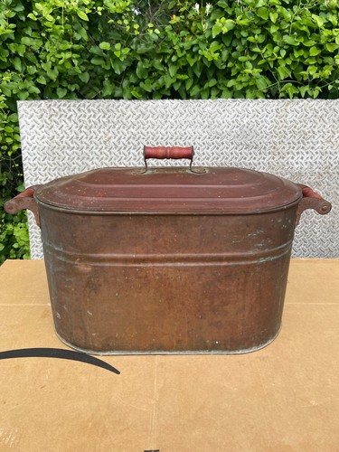 Antique Vtg Primitive Copper Wash Tub Boiler Cooker Red Wood Handles ...