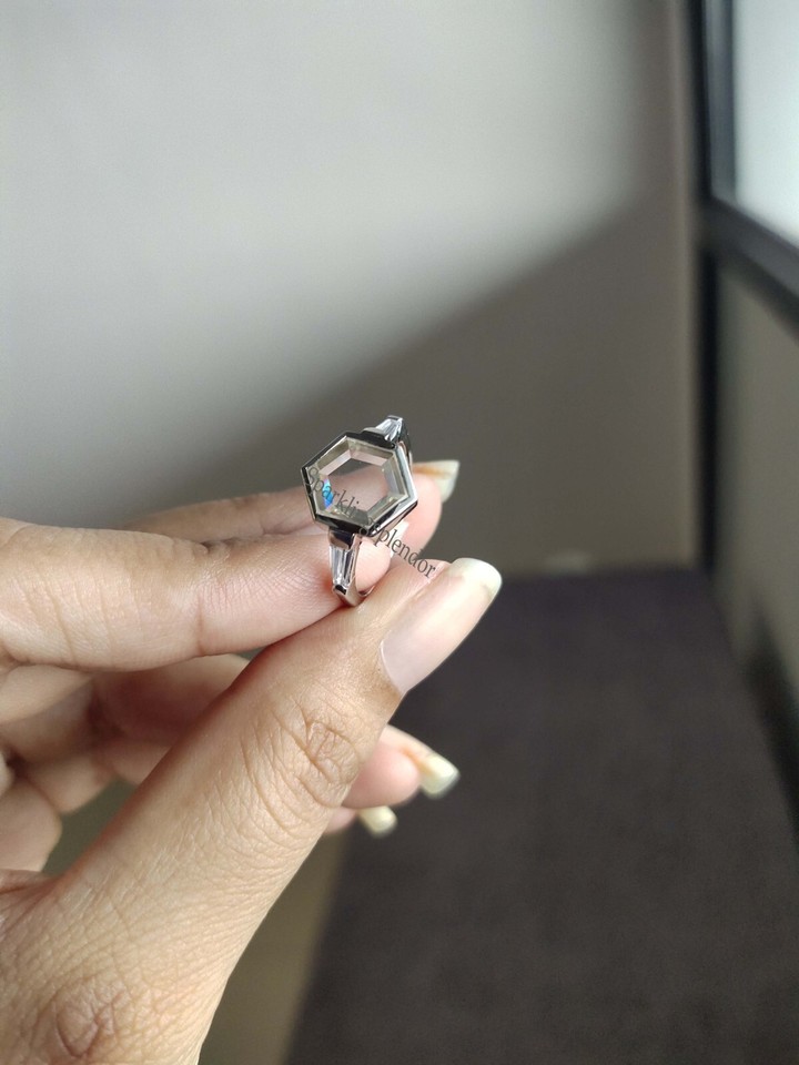 Hexagon Shape Portrait Cut Moissanite Engagement Ring Bezel Set 3 Stone ...