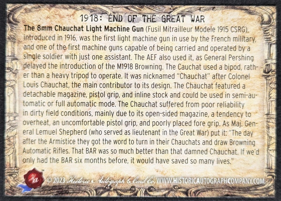 Chauchat Light Machine Gun 2023 End of The Great War History Card #290 ...
