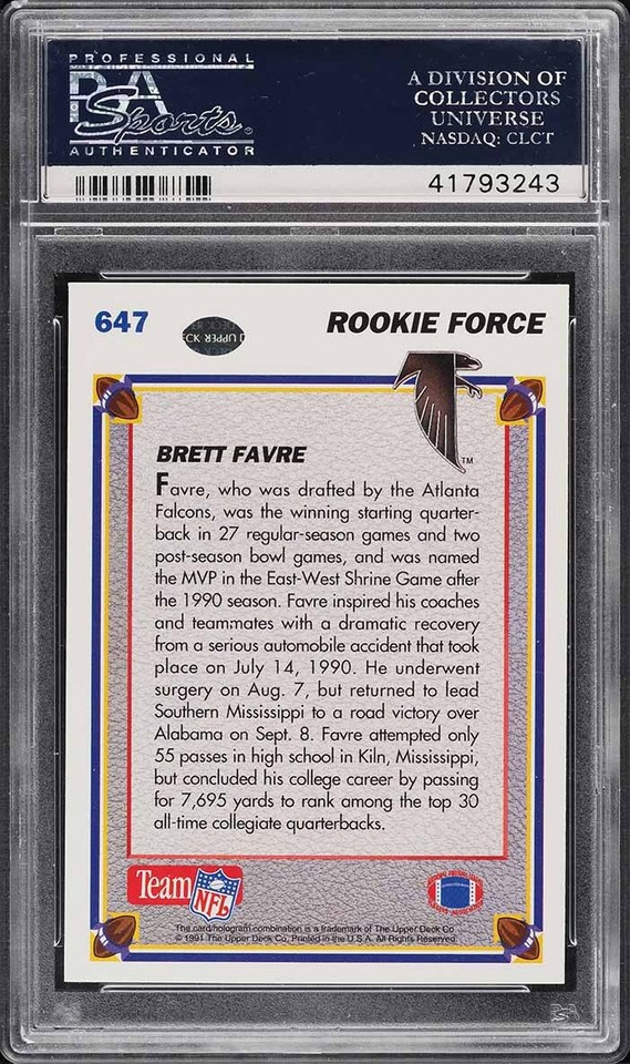 1991 Upper Deck FB Card #647 Brett Favre HOF ROOKIE RC PSA 10 GEM MINT ...