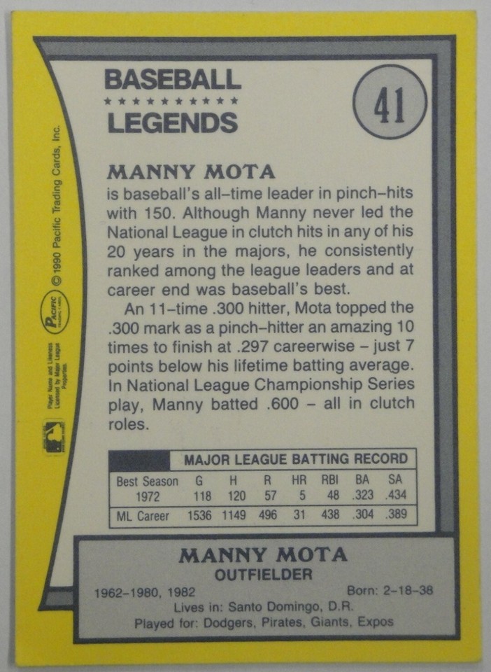 Manny Mota Hand Signed Autographed 1990 Pacific Legends Trading Card ...