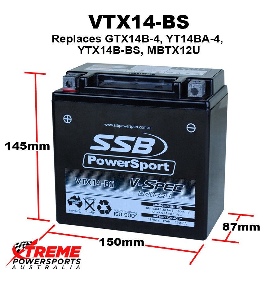SSB 12V 290CCA 12AH VTX14-BS Kawasaki ZX-14R SE Ohlins 2015 AGM Battery ...