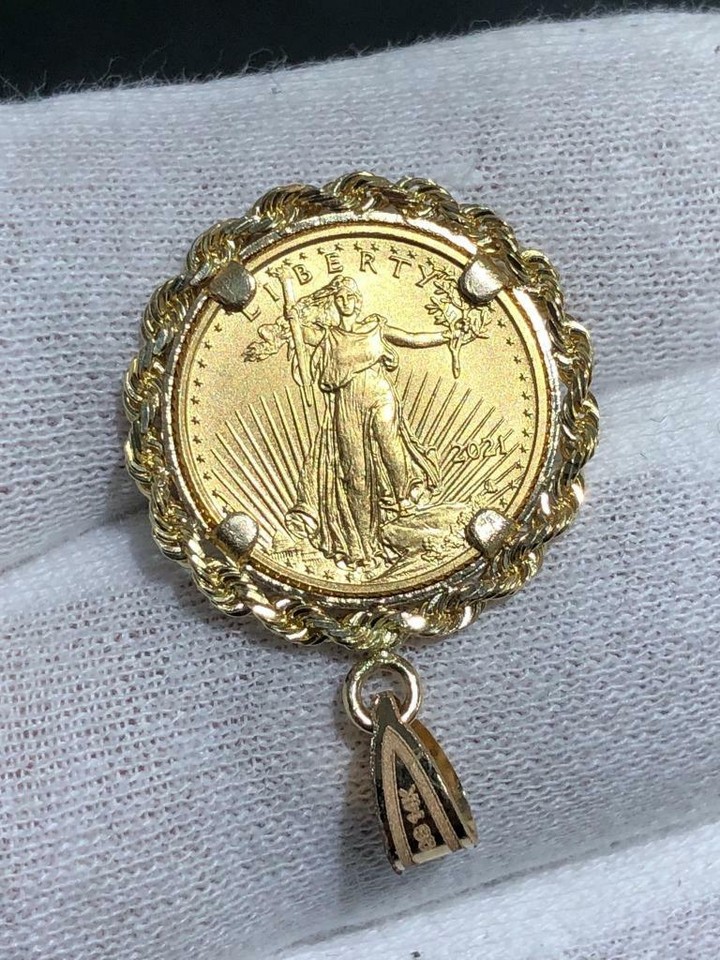 24k Yellow Gold Eagle Standing Liberty 1/10 oz .999 Fine Gold Coin Rope ...
