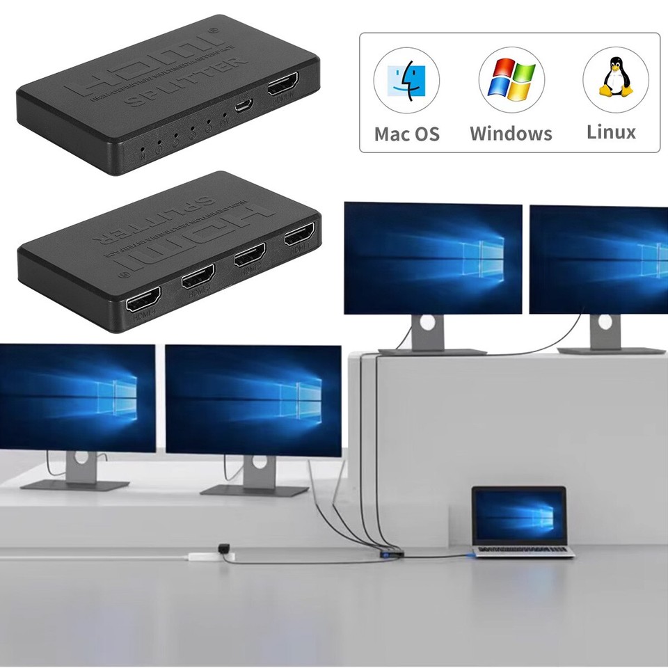 4 Port HD 4K HDMI Splitter 1x4 Repeater Amplifier 1080P 3D Hub 1 In 4 ...