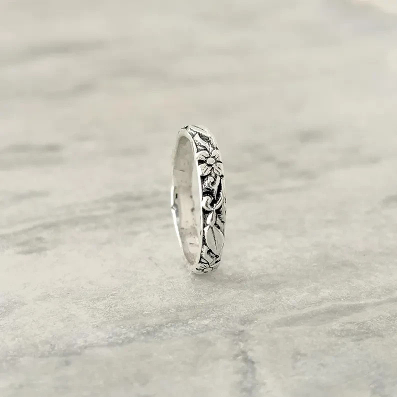 Solid 925 Silver Flower Ring, Sterling Silver Floral Band, Band Ring ...