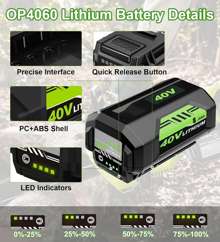 40V Battery For Ryobi 40V 8.0Ah Lithium OP4060 OP4030 OP4050 OP40602 ...