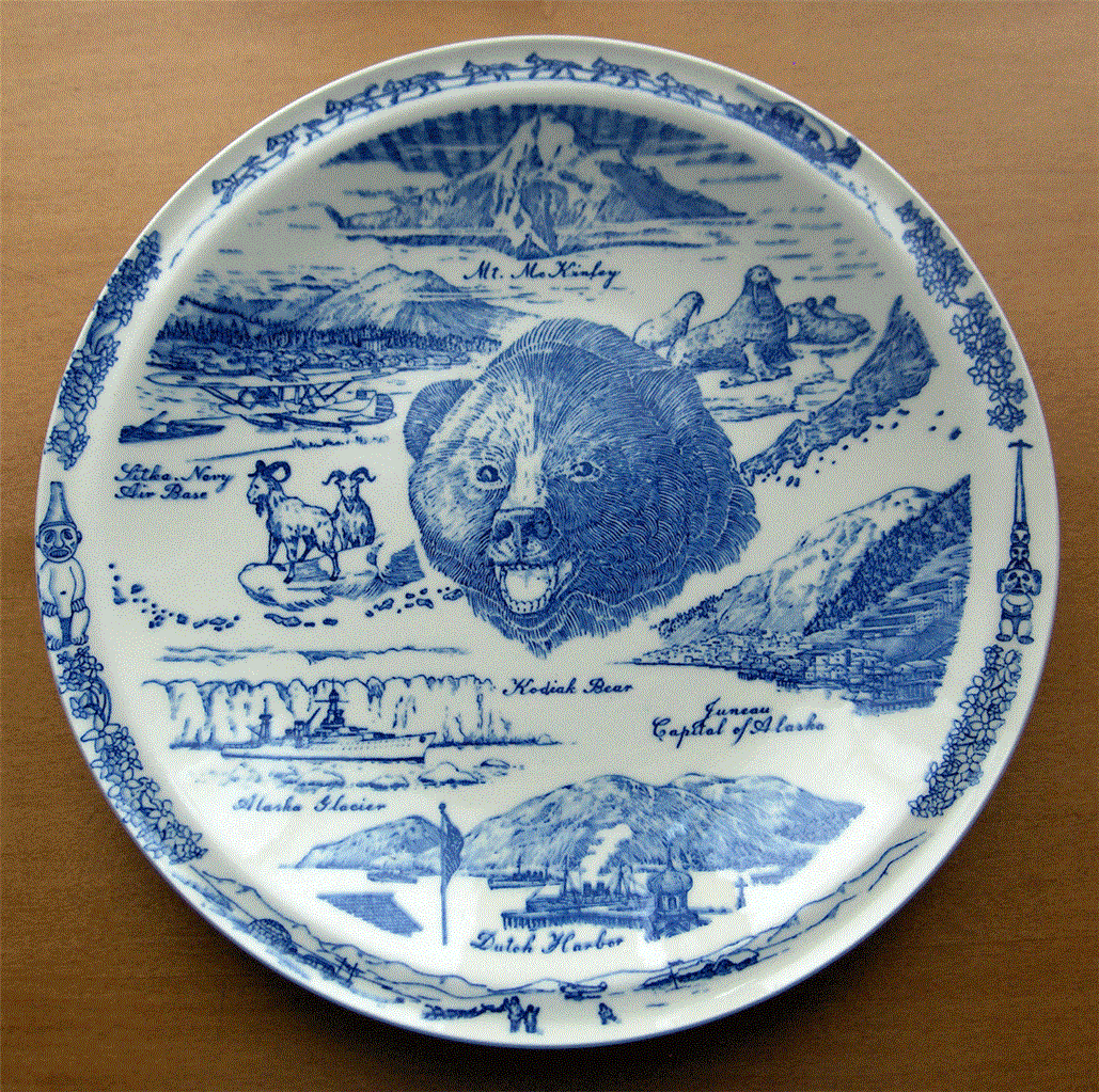 Vernon Kilns Alaska Territory collector plate~Kodiak Bear~Ultra blue-No ...
