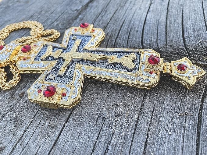 Pectoral Cross 18k Gold Crucifix Pendant with Silver and Red Stones ...