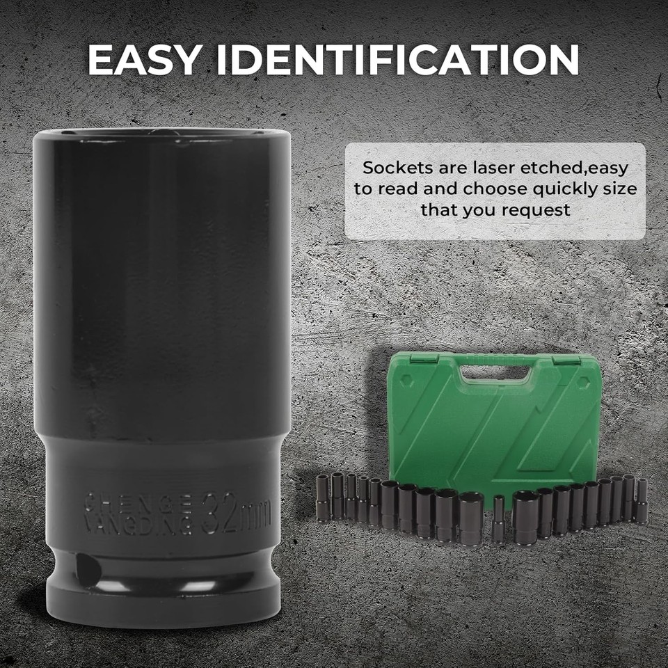 20PCS 1/2Inch Impact Sockets Set Drive Metric 8mm-32mm Deep 6-Point Set ...