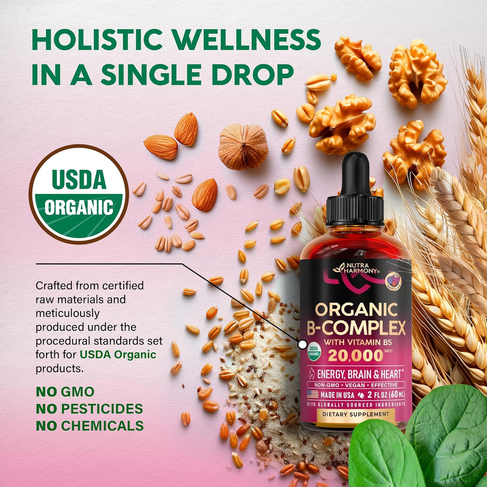 Organic B-Complex Liquid Drops - Vitamin B5, B12, B1, B6, B7, B9, B3 ...