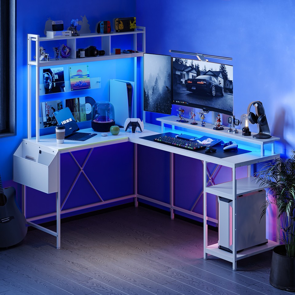 Storage Shelves L Shaped LED Computer Gaming Desk PC Corner Office ...